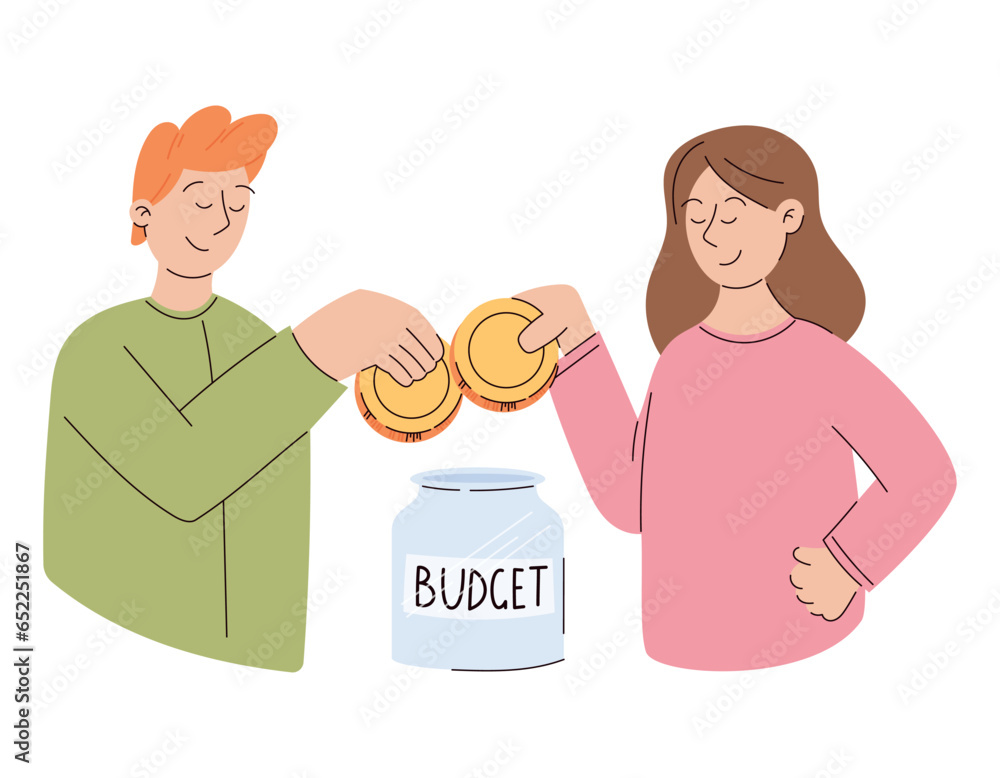 Concept of family budget and saving money. Cartoon man and a woman ...
