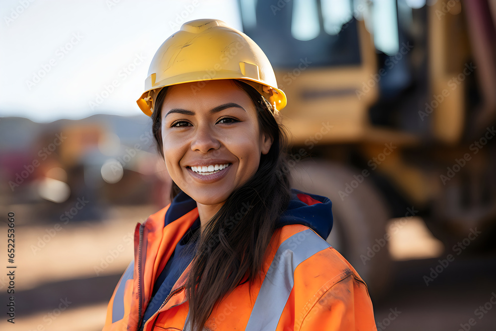portrait of smiling hispanic female engineer on site with truck wearing ...