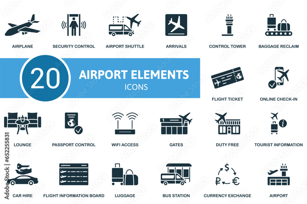 Airport elements set. Creative icons: airplane, security control ...