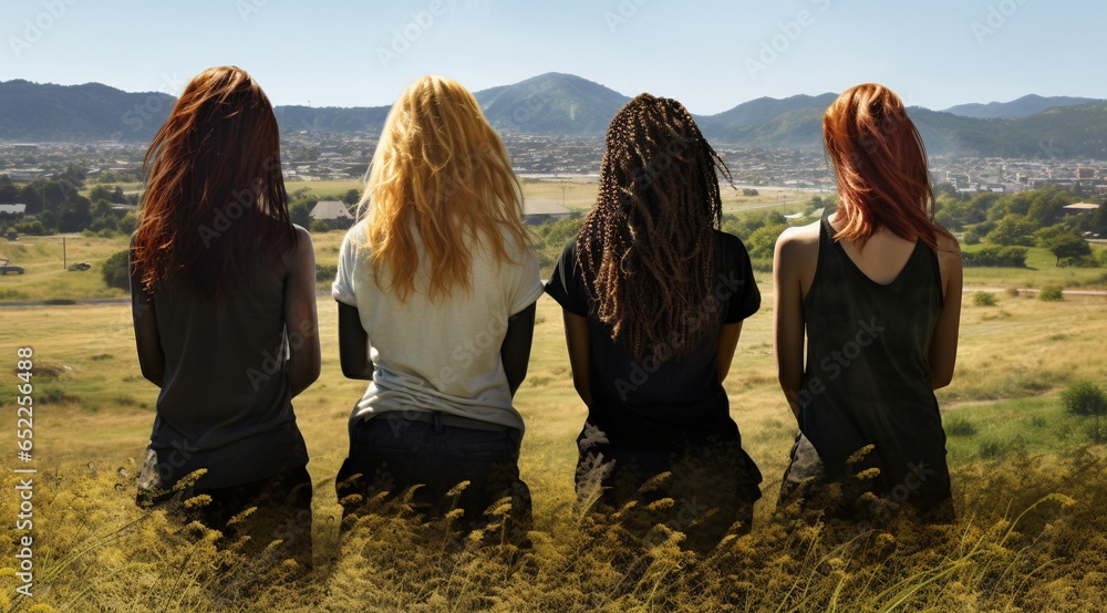 Cuatro chicas de diferentes razas. Diversidad racial. Amistad Stock ...