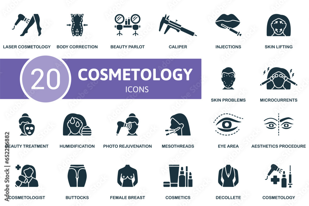 Cosmetology set. Creative icons: laser cosmetology, body correction ...