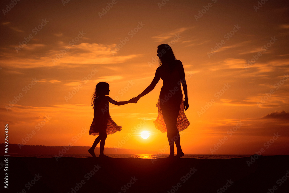 Mother-Daughter Sunset Serenity. In Nature's Embrace: A Silhouetted ...