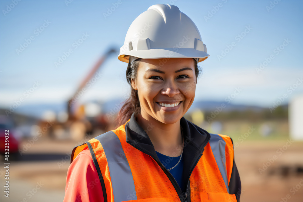 portrait of smiling female engineer on site wearing hard hat, high vis ...