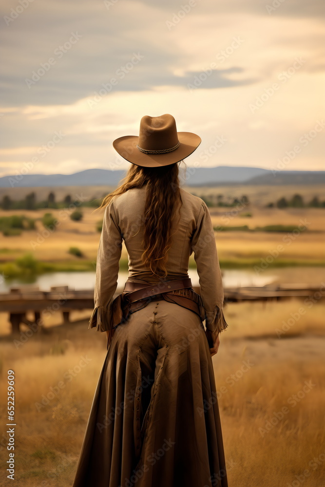 back view of woman wearing cowboy hat and leather outfit in western ...