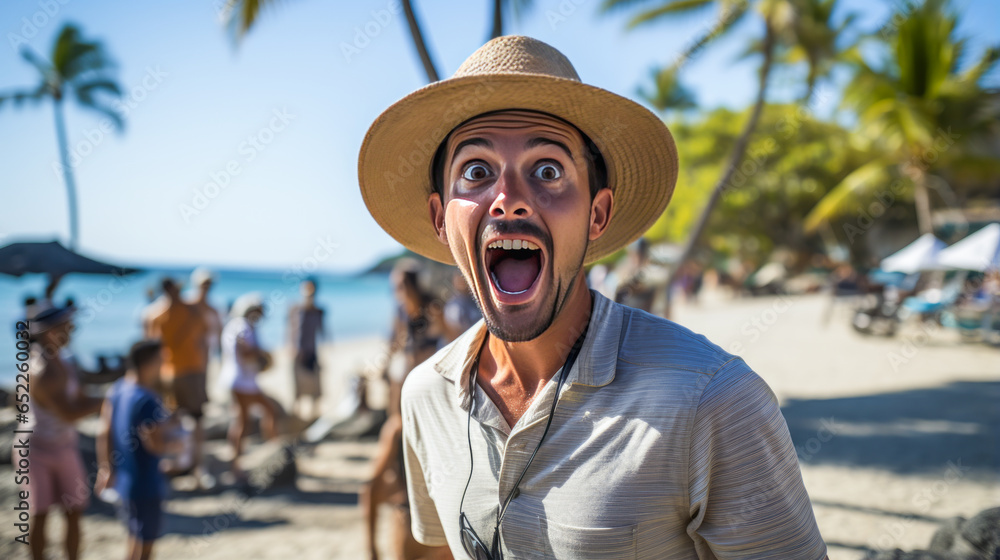 Captivating, astonished island tour guide with an open mouth expression ...