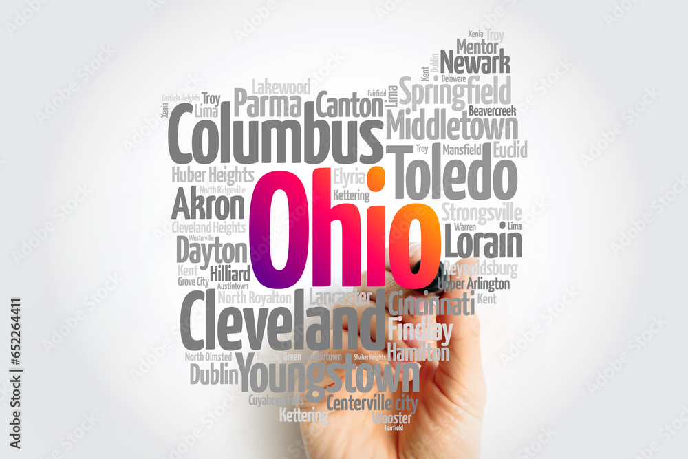 List of cities in Ohio USA state, map silhouette word cloud, map ...