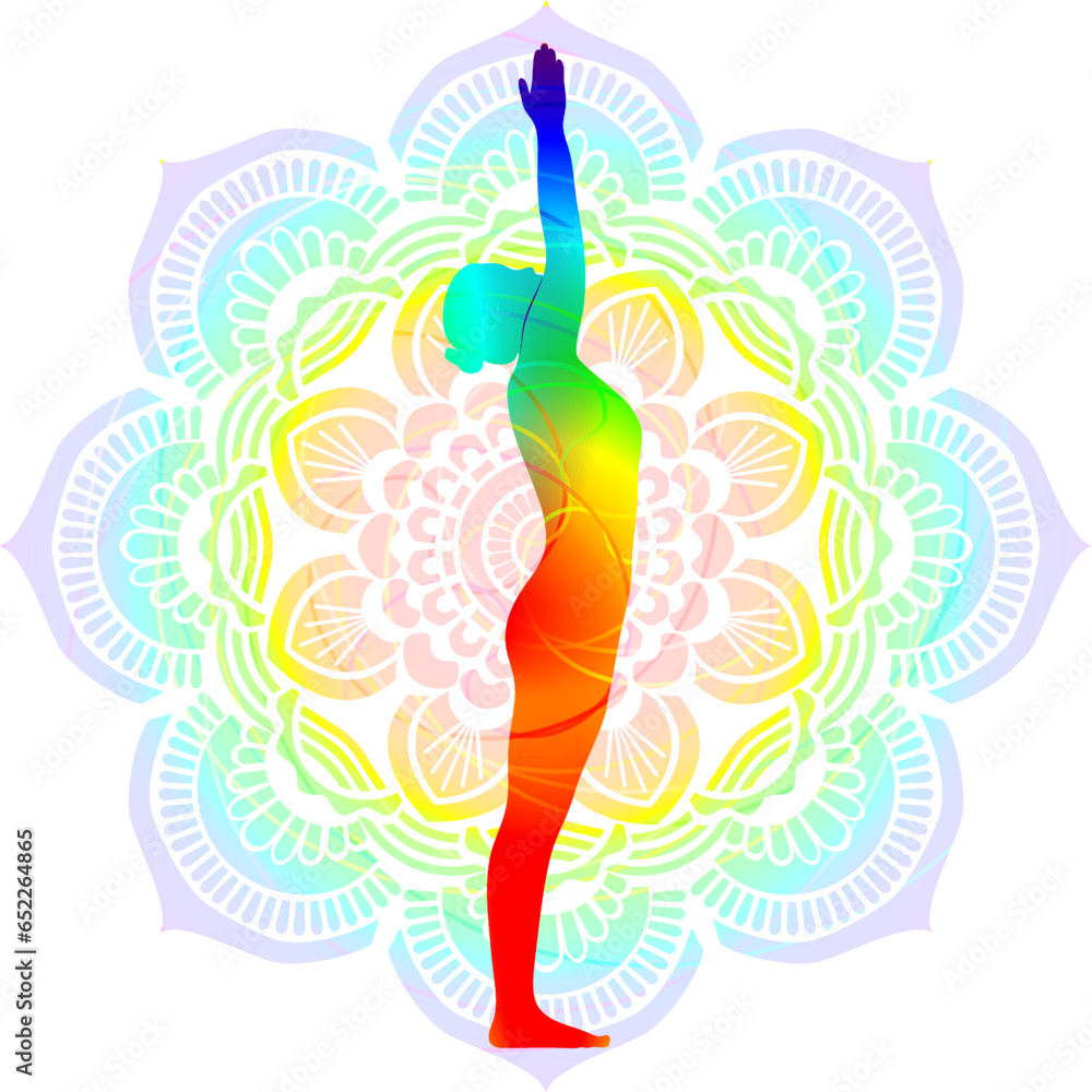 Colorful silhouette yoga posture. Mountain with Arms Up pose or Upward ...