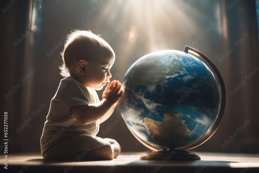 baby praying next to planet earth globe, climate change concept ...