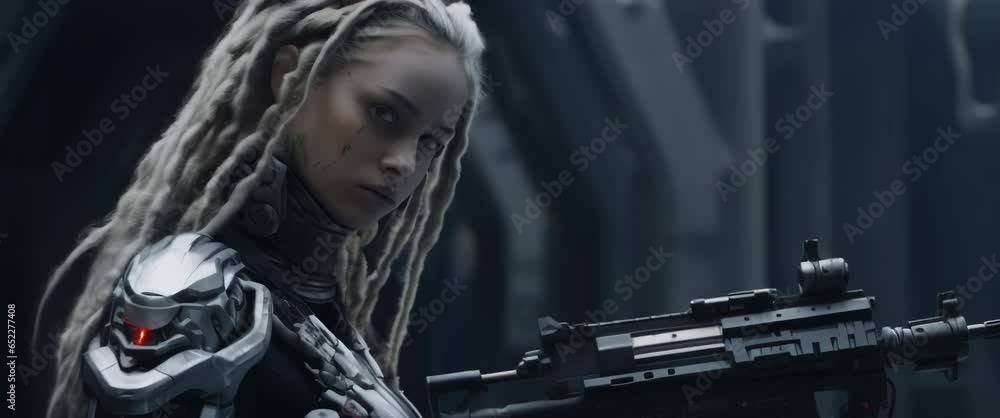 Portrait of cyberpunk female soldier of future in futuristic combat ...