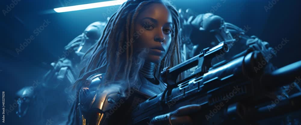 Portrait of cyberpunk female soldier of future in futuristic combat ...