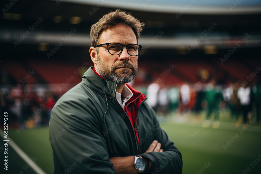 Serious adult male football instructor at team training at an outdoor ...