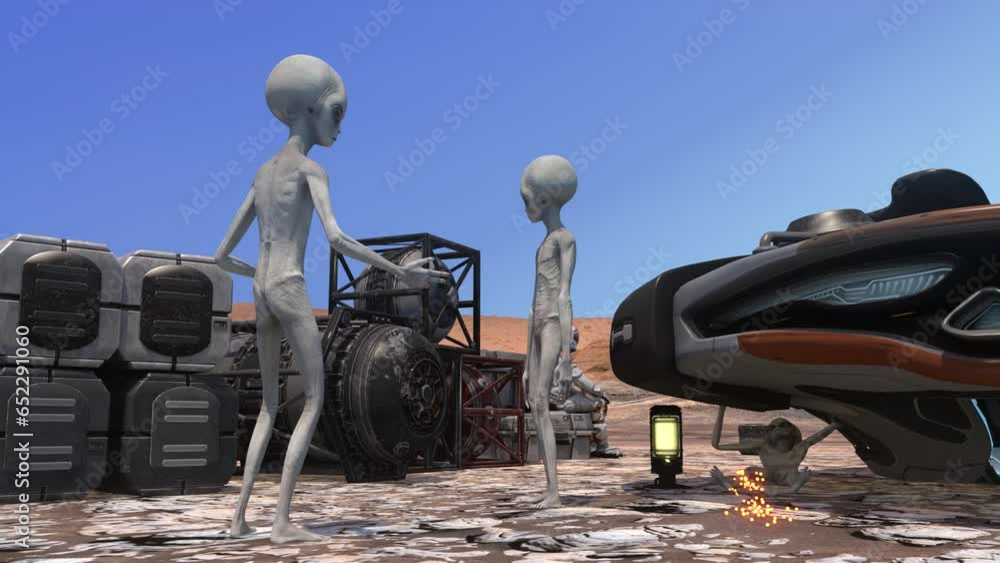 Aliens are repairing a space shuttle or spaceship on a planet similar ...