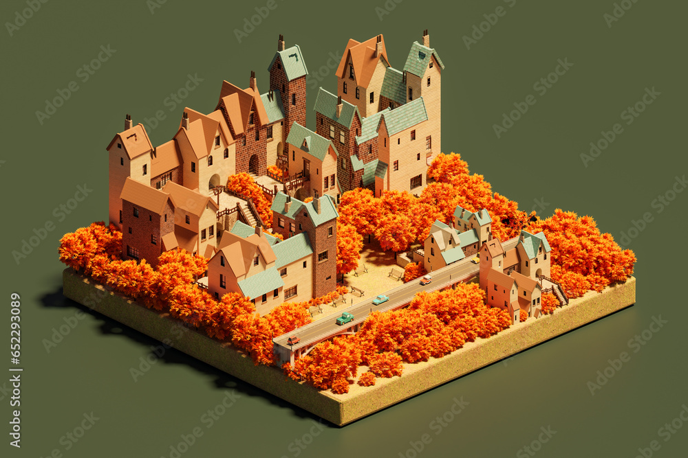 Model of multiple storied isometric buildings in autumn park in ...