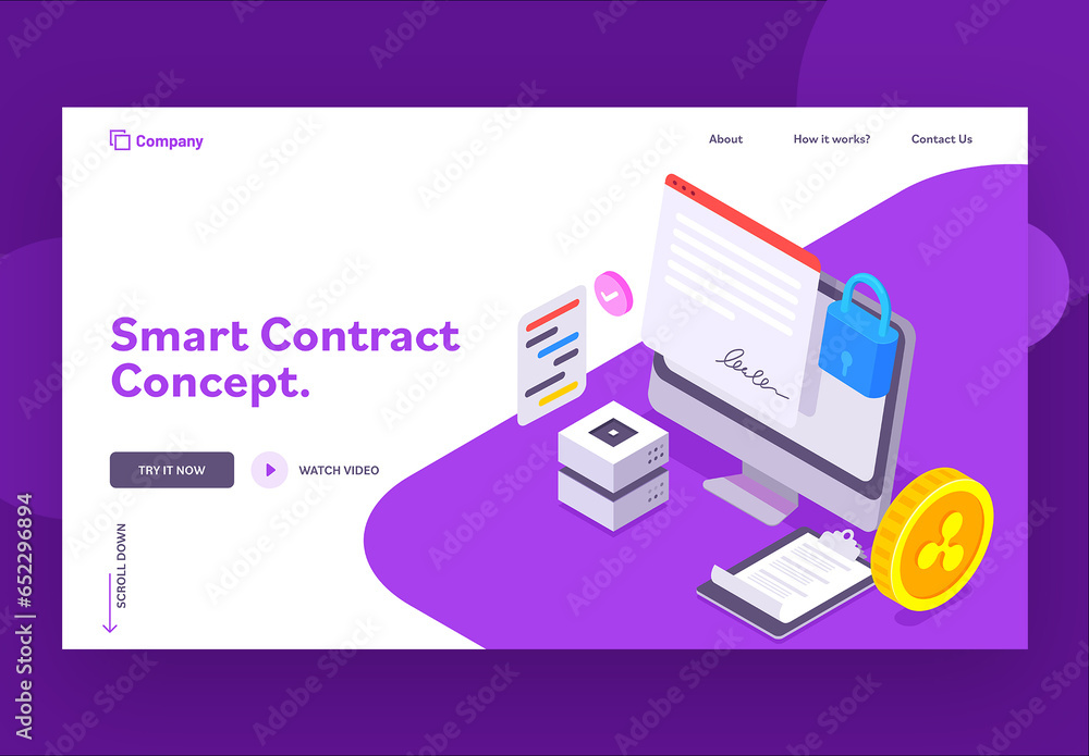 Smart Contract Concept Based Landing Page With Isometric View Of Secure Contract Data in ...