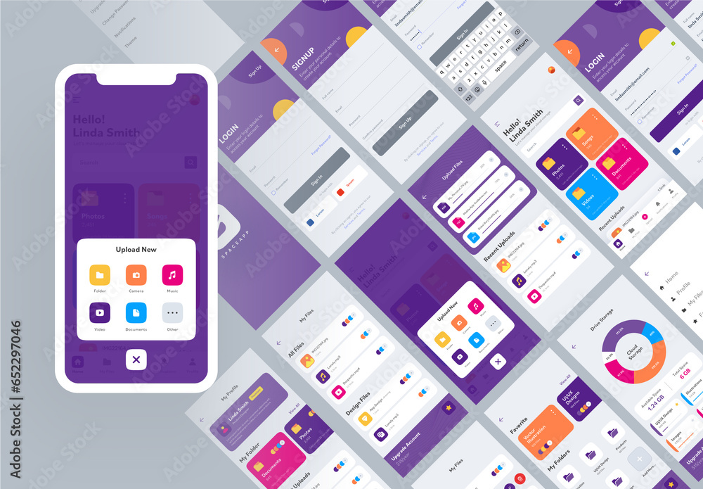Mobile App UI Kit With Different GUI Layout Including Log In, Create Account, Sign Up, Social ...
