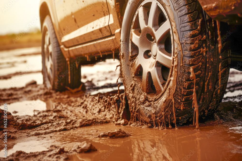 Stuck in the Mud: A close-up image of a car's tire deeply embedded in ...