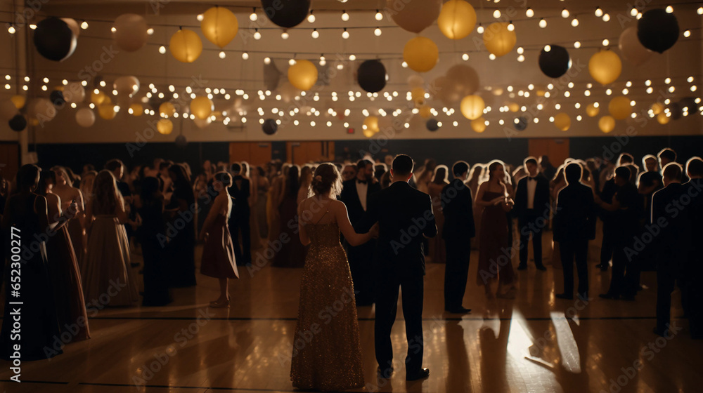 high school prom, couples dancing, in dark gymnasium decorated with ...