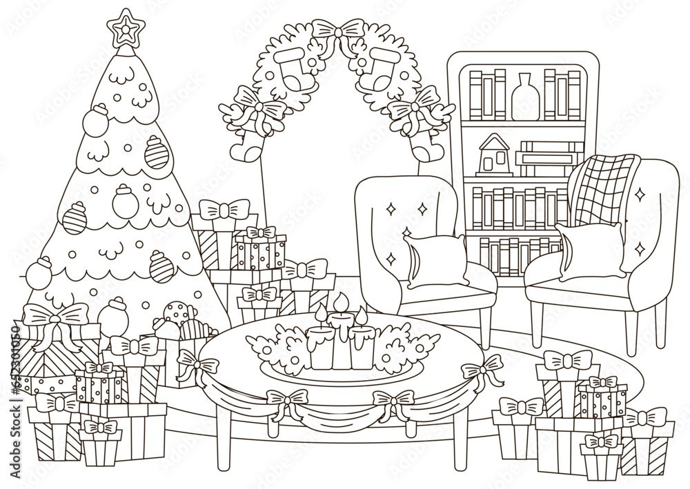 Christmas indoor interior of living room with christmas tree and ...