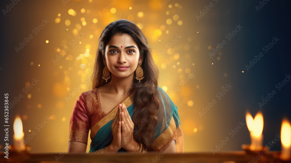 Indian woman giving namaste or welcome gesture. indian culture. Stock ...