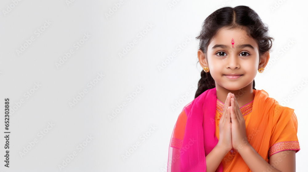 Indian little girl praying or giving namaste gesture. Stock Photo ...