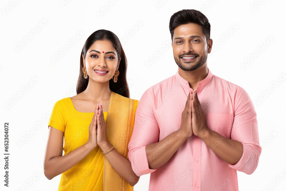 Indian couple in traditional wear and doing namaste or welcome gesture ...