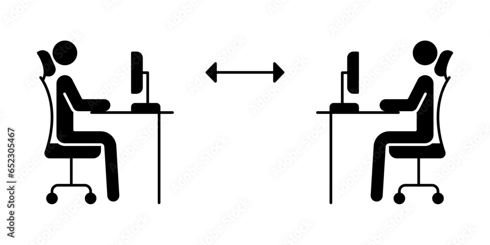 New normal concept in work office desk icon. Two people working, sit at ...