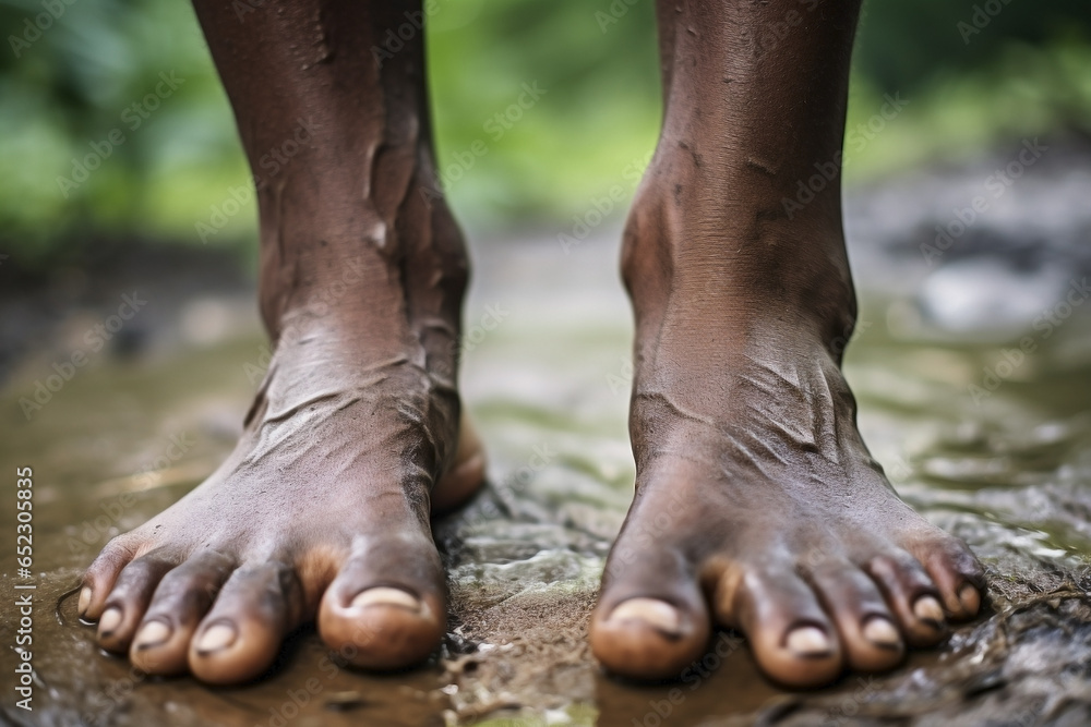 Afro-American feet on the forest floor. Black history month. Close up ...