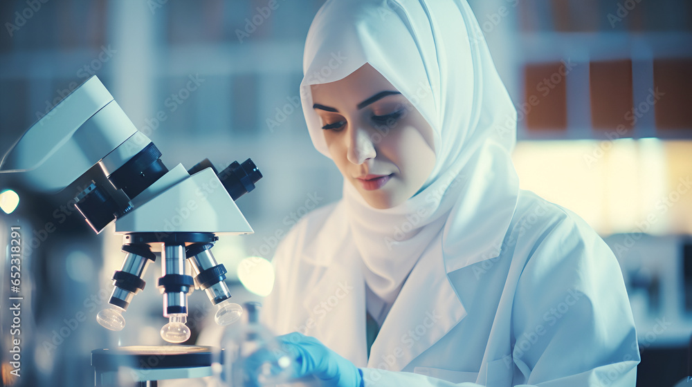 Muslim female doctor wearing a hijab, a scientist looks under a ...