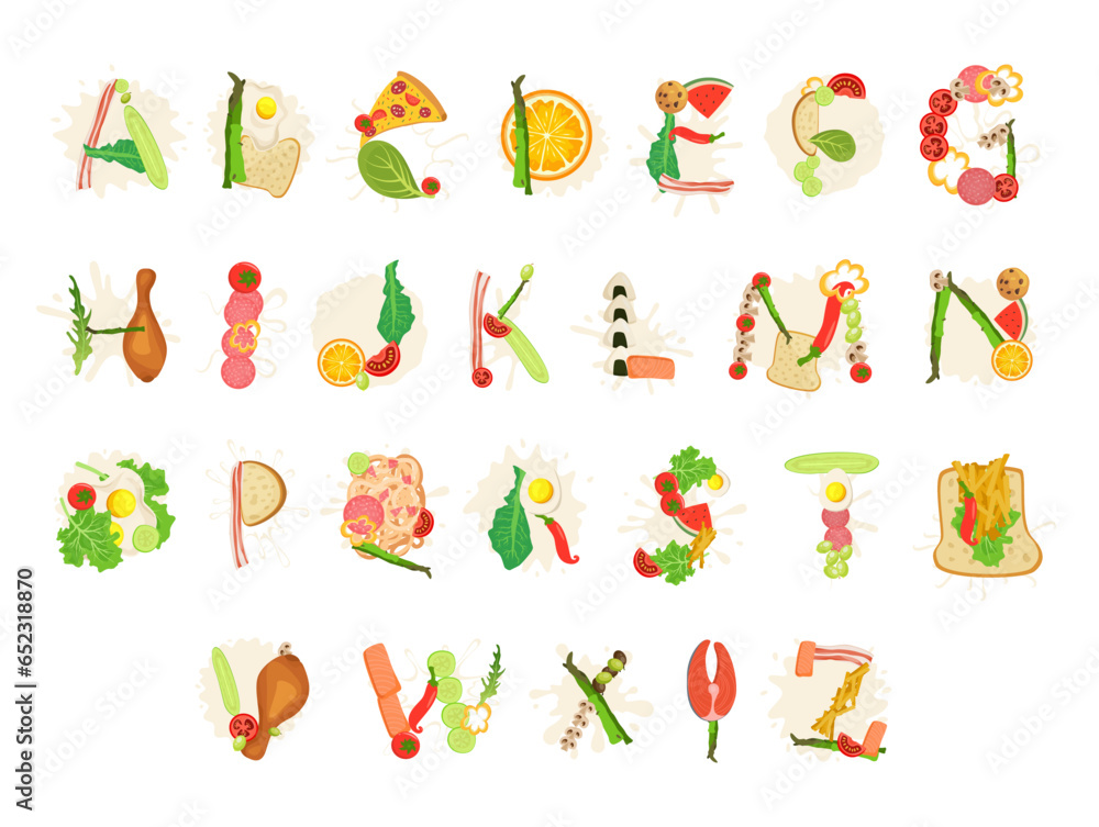 Font abc English alphabet letters different food characters vector flat ...