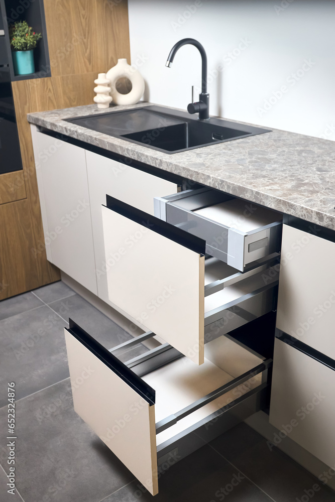 Horizontal sliding pull out drawer cabinet shelves storage in kitchen ...