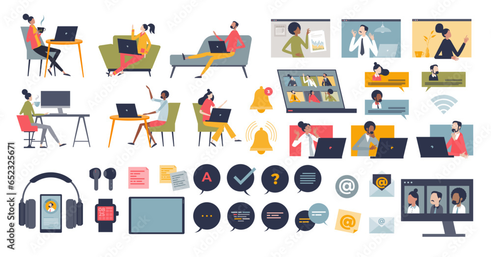 Digital communication and remote online work tiny person collection set ...