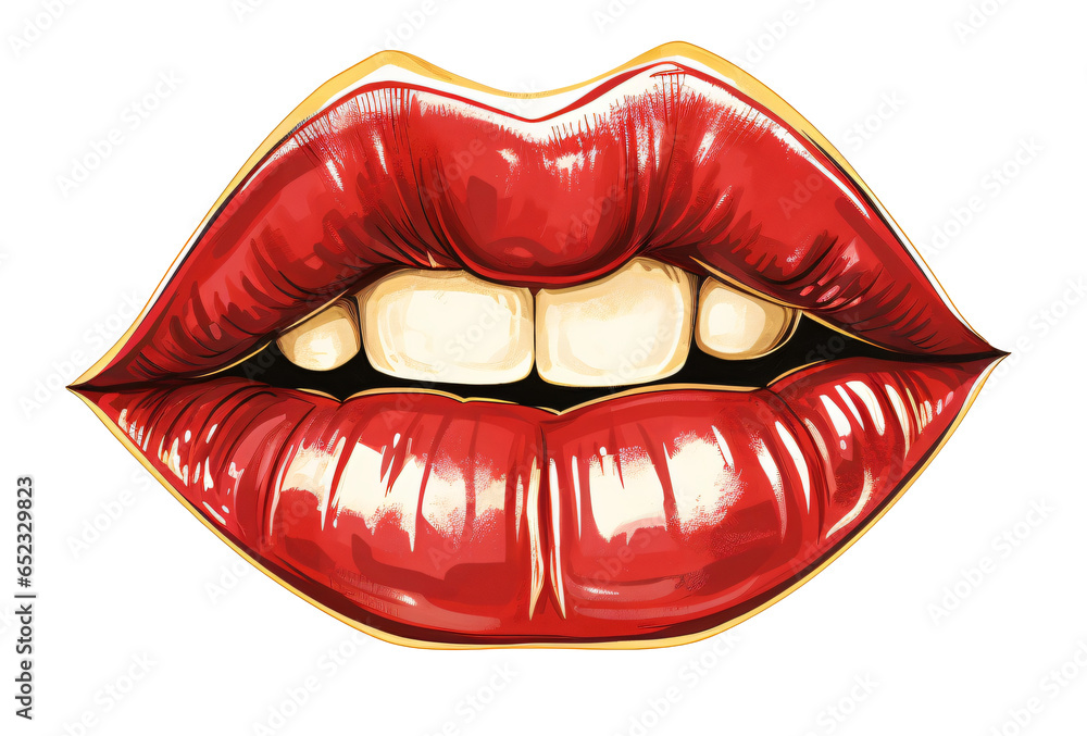 lip icon with red lipstic and golden grillz, isolated on the ...