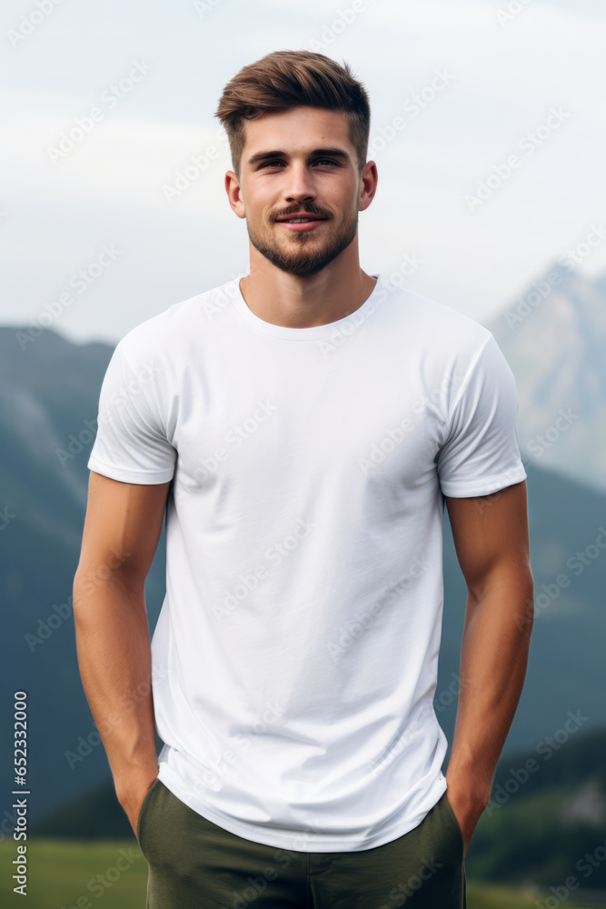 Handsome lean man wearing a plain white tshirt mockup outdoor in front ...