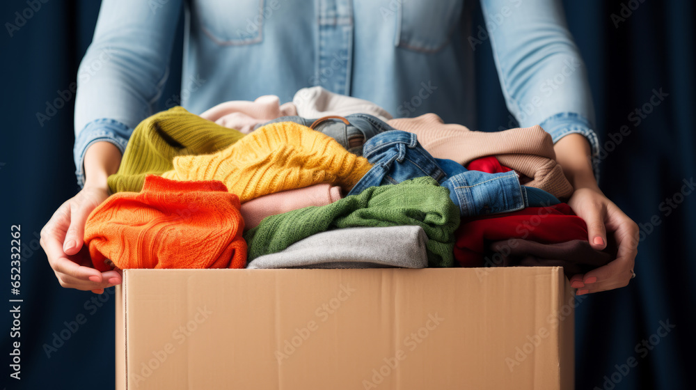 Volunteer hands holding a clothes donation box filled with clothing ...