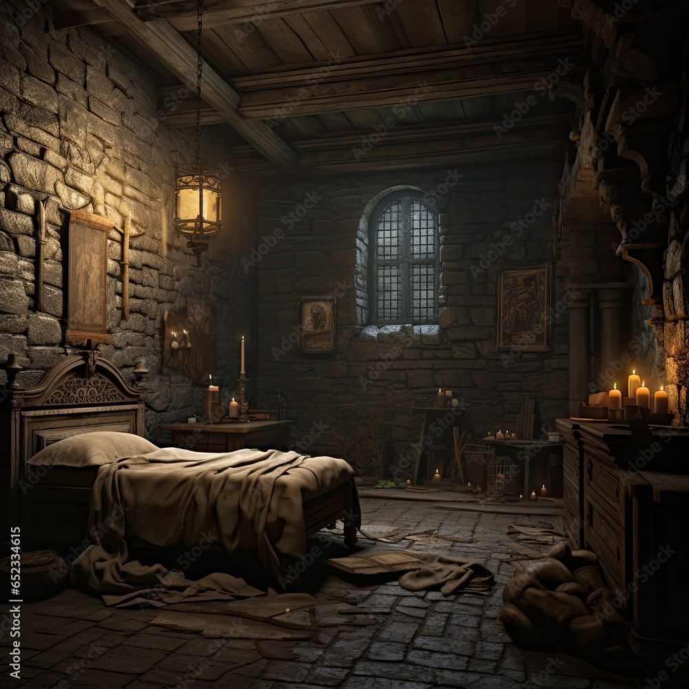 An illustration of a medieval room interior in a castle. Old tower ...