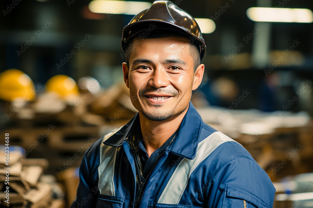 Elated young factory worker radiates pure joy amidst industrial ...