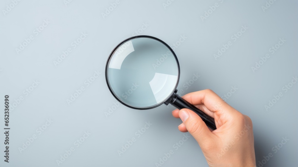 Hand holding magnifying glass on isolated light grey background Stock ...