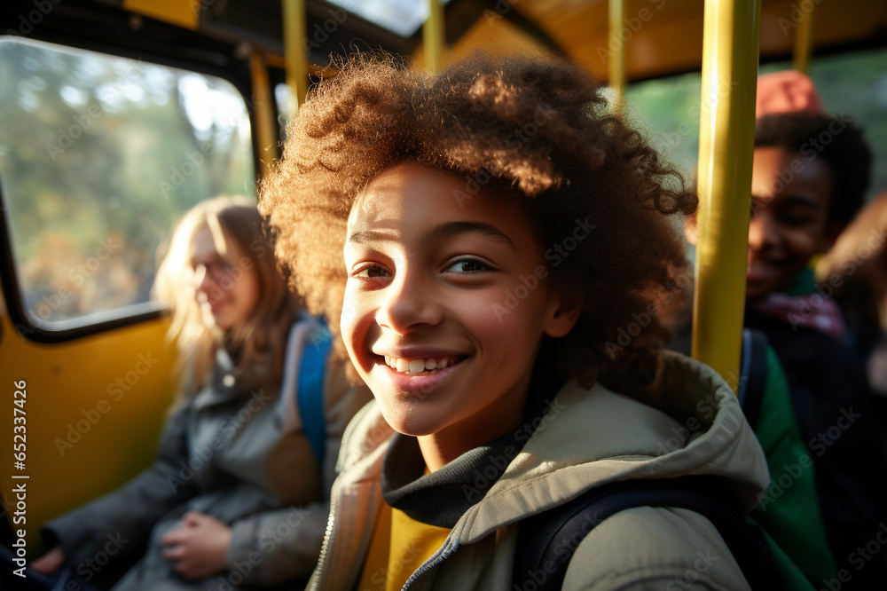 Students inside a school bus, a snapshot of happy kids on their way to ...