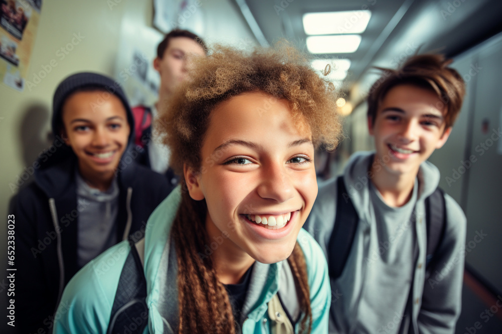 Students in the school corridor, multi-ethnic students on their ...