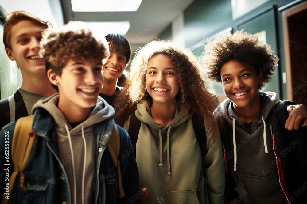 Students of different nationalities in the school corridor, a diverse ...