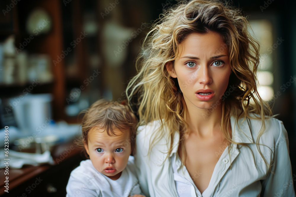 Captivating portrayal of a young, overwhelmed mother, tending to her ...