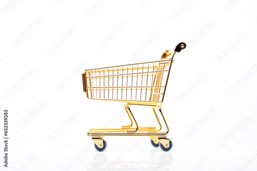 Golden shopping trolley on white background. Concept of shopping, sale ...