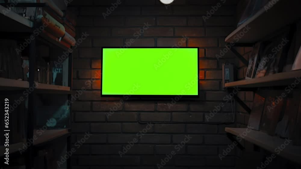Green Screen TV Wall Library Dark Room Zoom In. Zooming through a ...