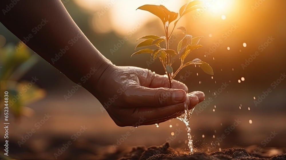 Close Up Two Hands Holding Water and Watering Young Tree to Growing Up ...