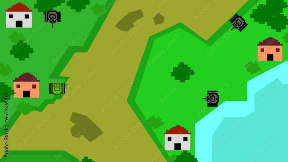 Animation of an 8-bit style game of a tank shooting at enemies in the ...