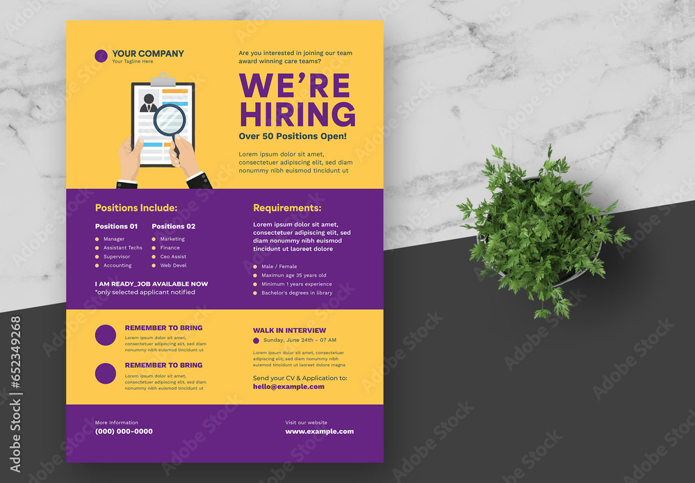 Purple and Yellow Company Job Vacancy Flyer Stock Template | Adobe Stock