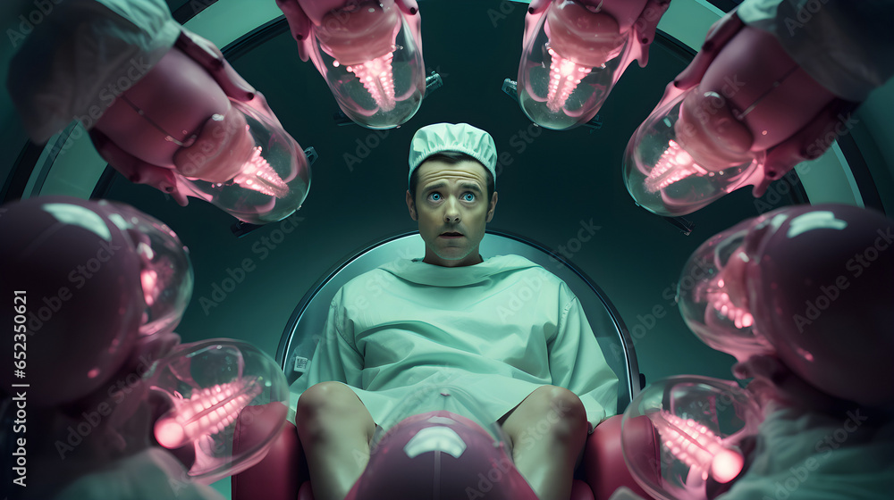 Scared man in hospital gown being probed by aliens on a spaceship Stock ...