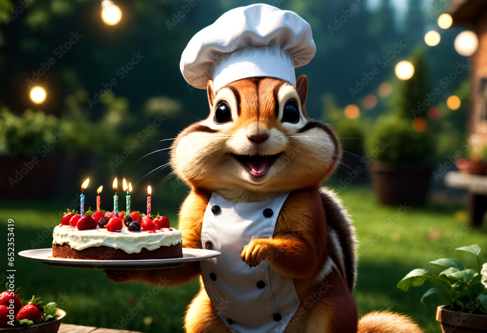 Chipmunk wearing chef hat, holding birthday cake. Generative AI Stock ...