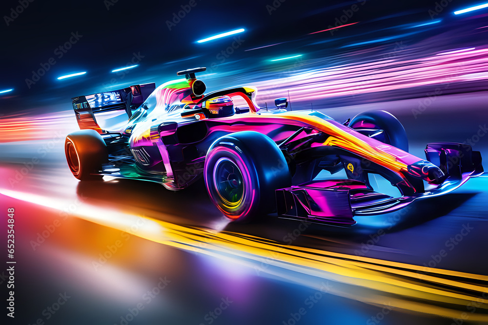 Colourful neon race car on the race track, Formula 1 at night competing ...