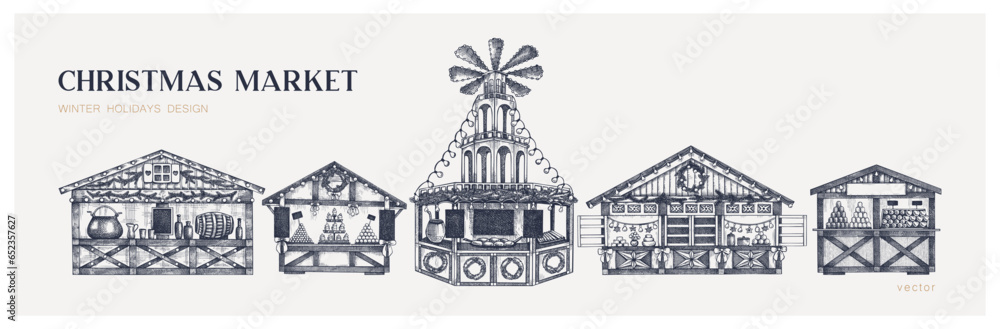 Christmas market sketches set. Hand drawn vector illustration. European ...